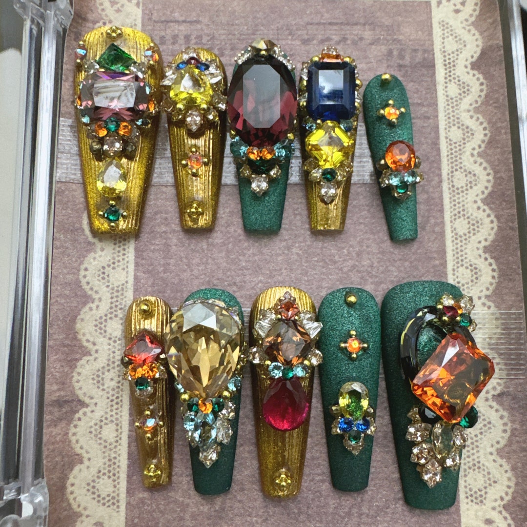 Long Coffin Press on Nails, High-end Swarovski Crystal Long Nails, 3cm ...