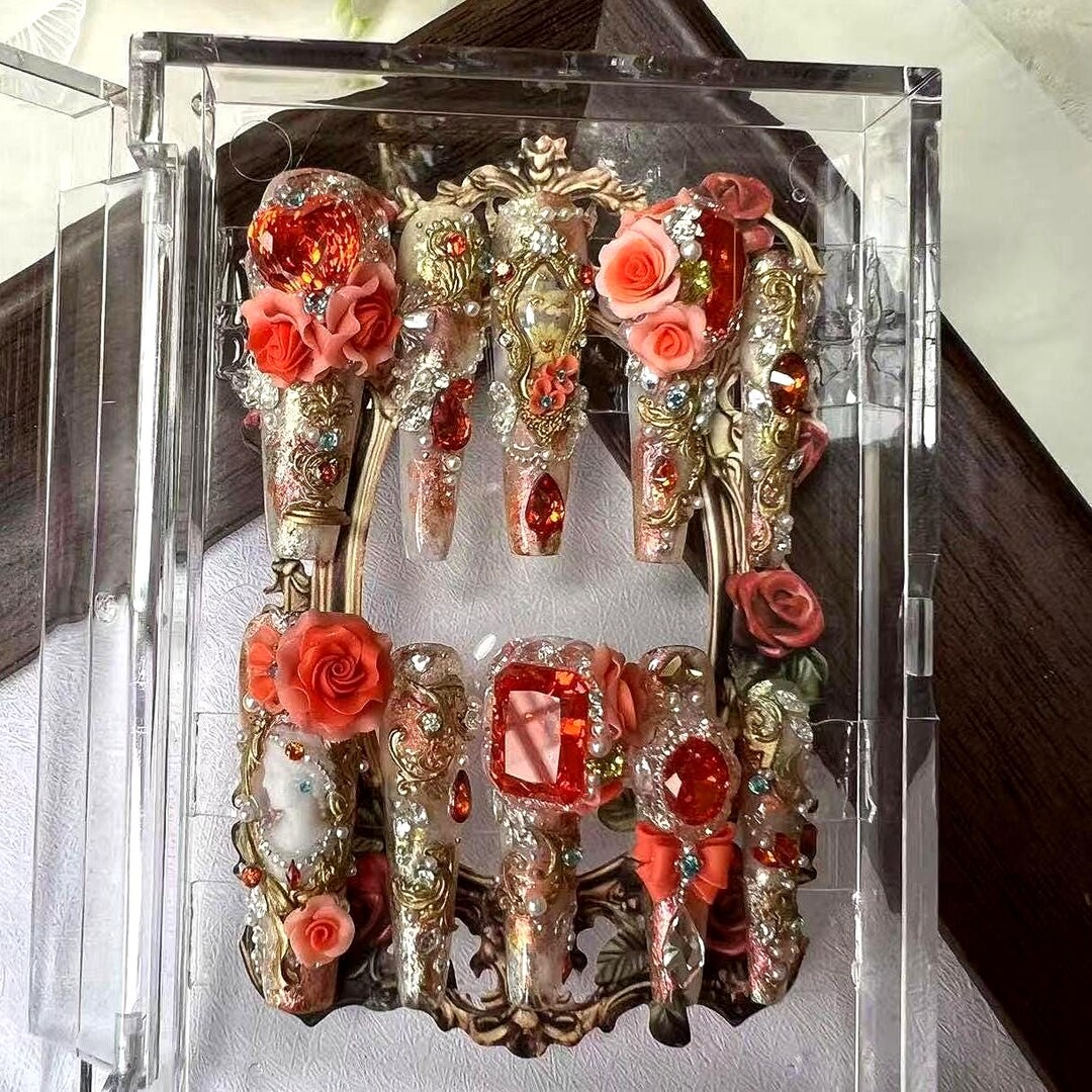 Full Bling XXL Stiletto Coffin Press-on Nails, Burnt Orange Nails ...