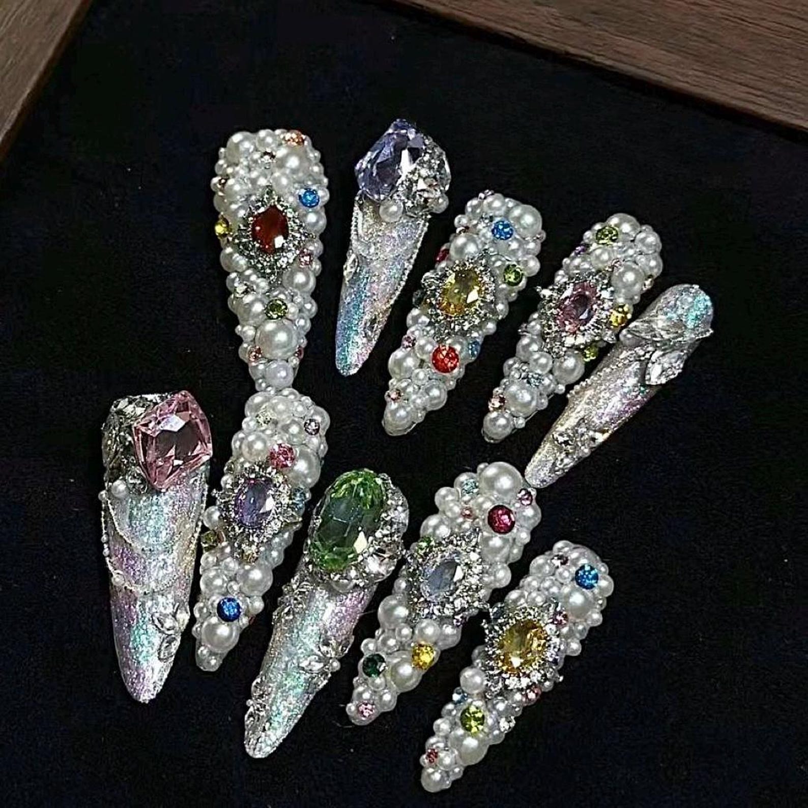 Sparkling Metallic Silver Press on Nails, Silver Long Nails, Gemstone ...