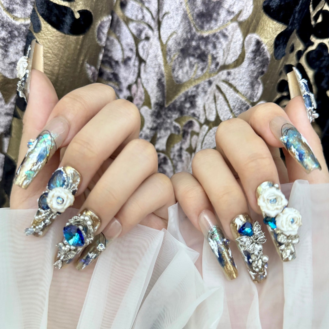 Long Coffin Press-on Nails, High-end Swarovski Nails, Roseup Haute ...