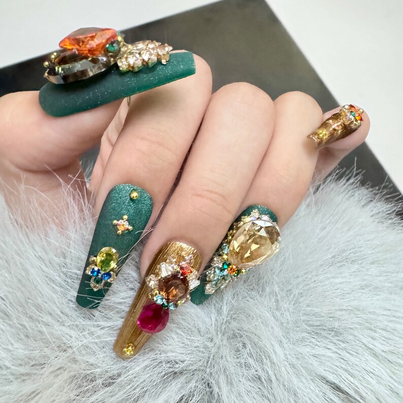 Cardi B Long Coffin Press on Nails, High-end Swarovski Crystal Long ...