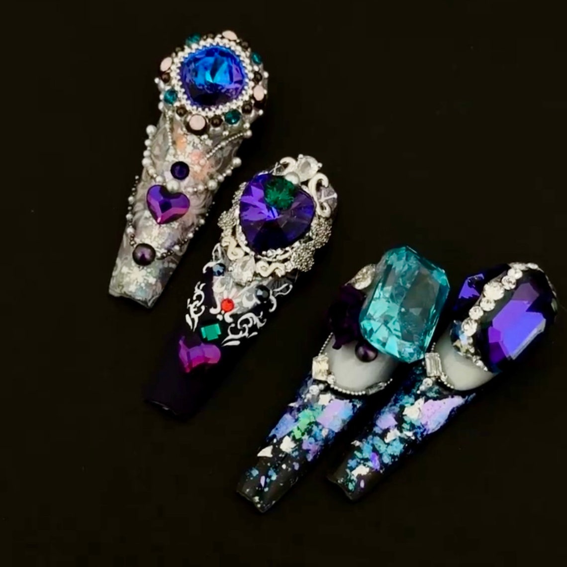Blue Long Press on Nails, Shiny Swarovski Crystal Long Nails, Roseup ...