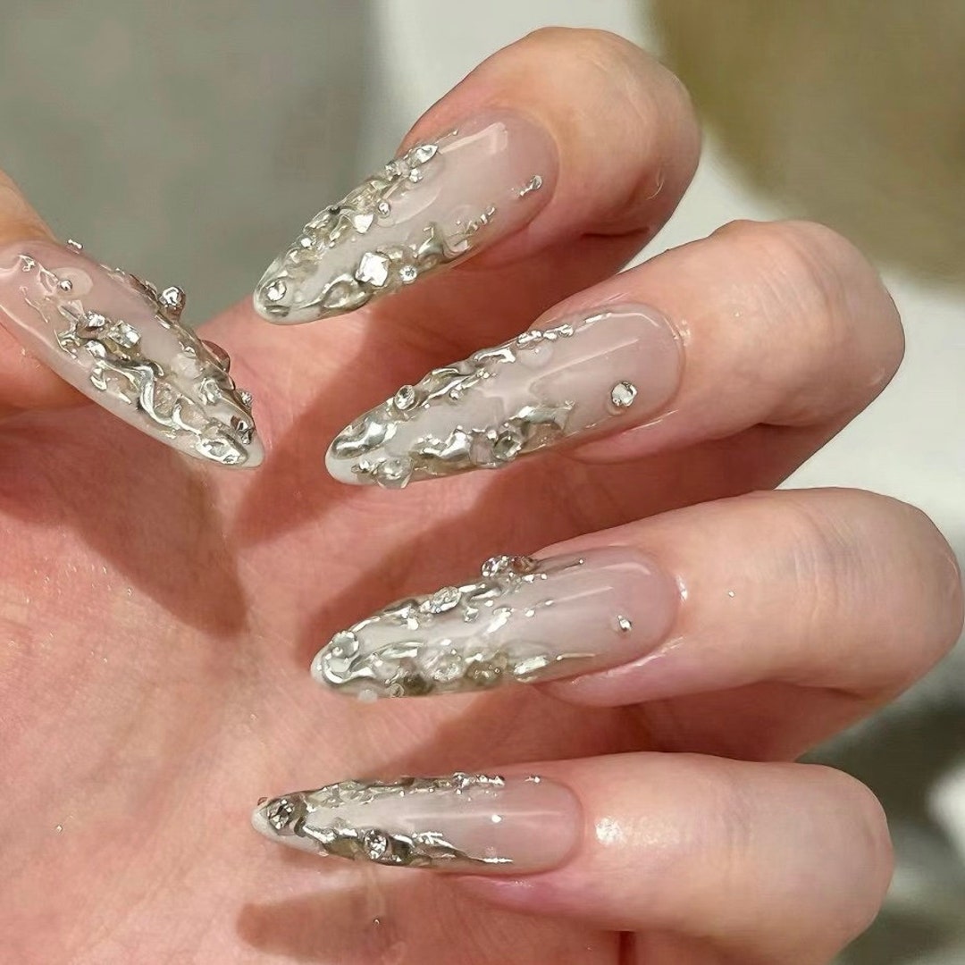 Swarovski Crystal Press on Nails, 3D Chrome Metallic Silver Press on ...