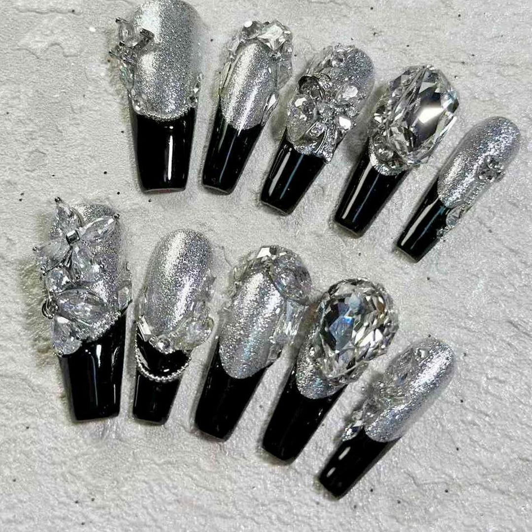 French Tip Metallic Silver Press on Nails, Silver Long Nails, Gemstone ...