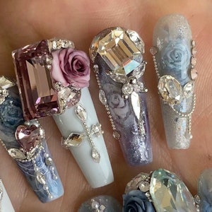 Luxury Press-on Nails, High-end Swarovski Crystal Long Nails, Roseup ...