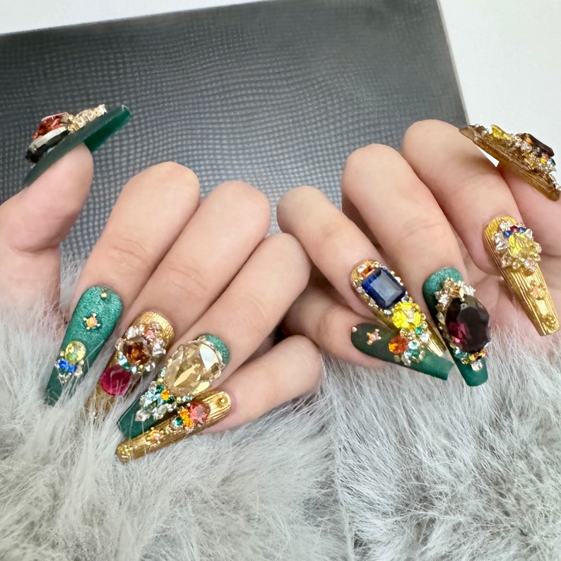 Cardi B Long Coffin Press on Nails, High-end Swarovski Crystal Long ...