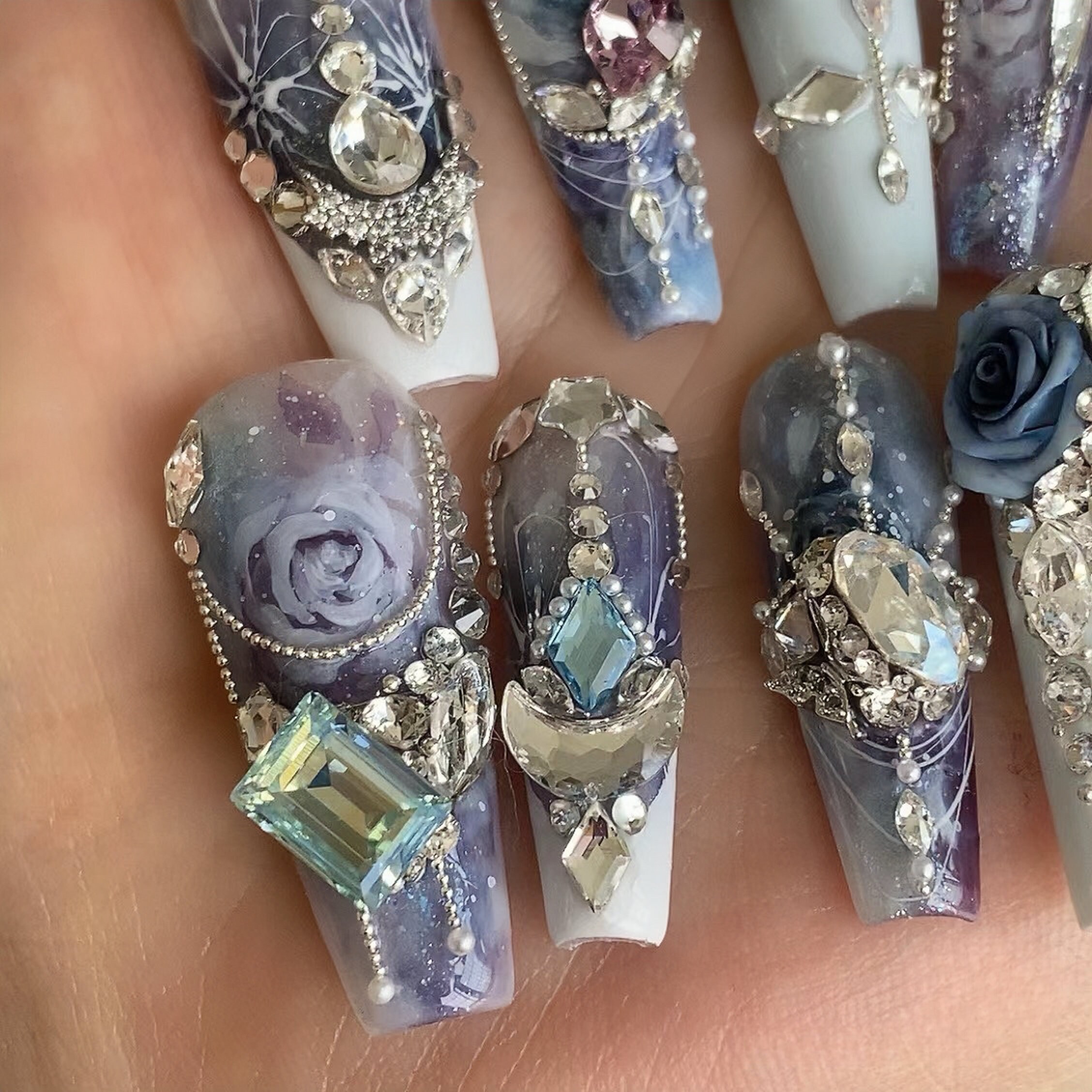 Luxury Press-on Nails, High-end Swarovski Crystal Long Nails, Roseup ...