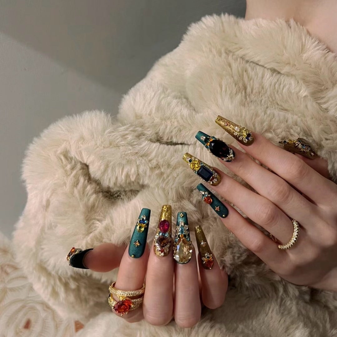 Cardi B Long Coffin Press on Nails, High-end Swarovski Crystal Long ...