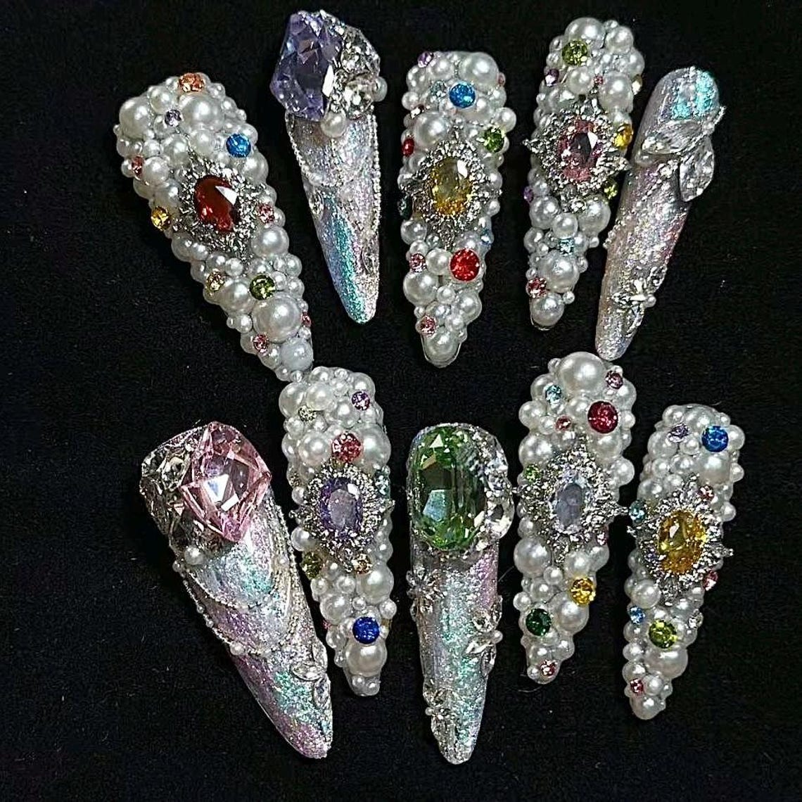 Sparkling Metallic Silver Press on Nails, Silver Long Nails, Gemstone ...