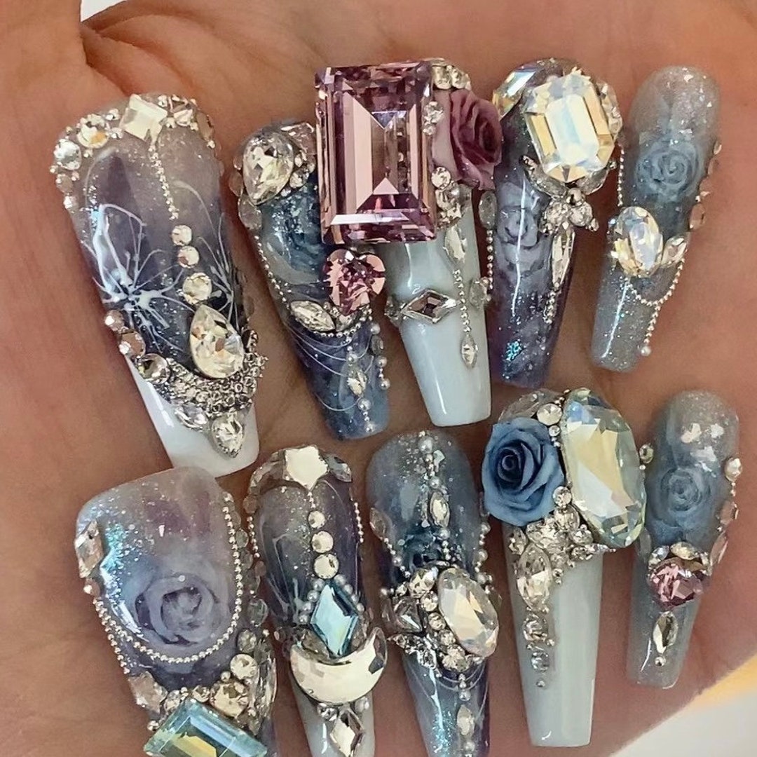 Luxury Press-on Nails, High-end Swarovski Crystal Long Nails, Roseup ...