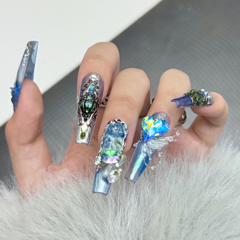 Luxury Press-on Nails, High-end Swarovski Crystal Long Nails, Roseup ...