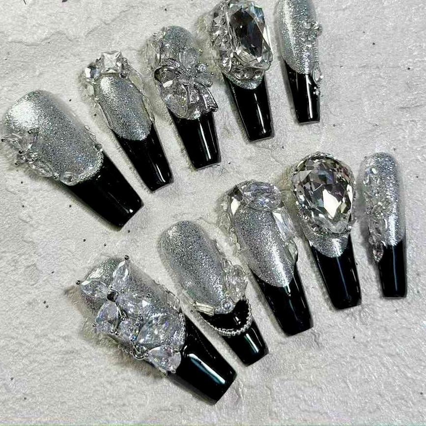 French Tip Metallic Silver Press on Nails, Silver Long Nails, Gemstone ...