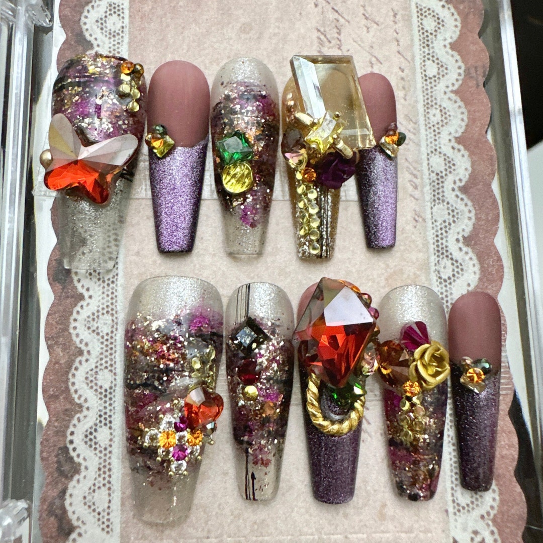 Luxury Press-on Nails, High-end Swarovski Crystal Long Nails, Roseup ...