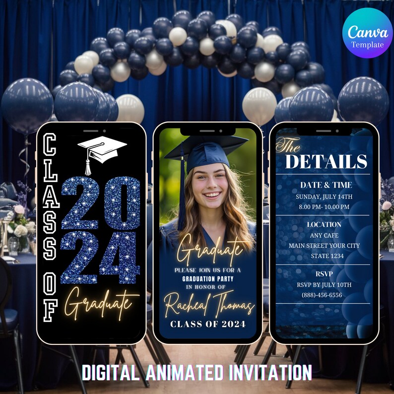 Navy Blue Graduation Invitation Party, Class of 2024, Grad Party ...