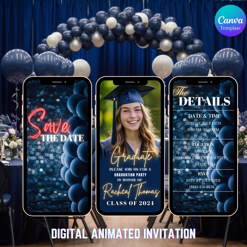 Graduation Invitation Party, Navy Blue Graduation Invite, Class of 2024 ...
