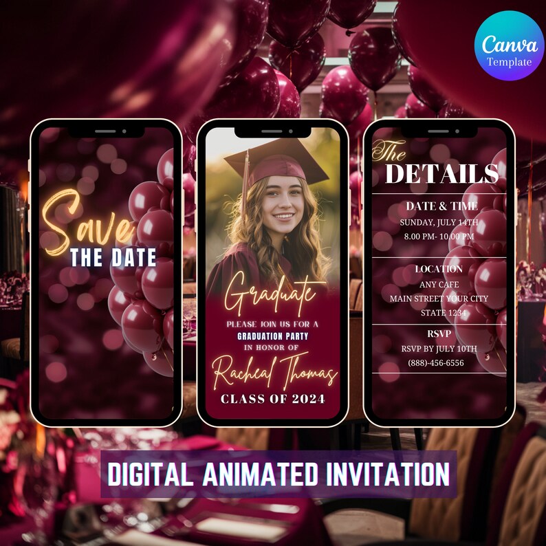 Maroon Grad Party Digital Invite, Grad Party Invitation Video Canva ...
