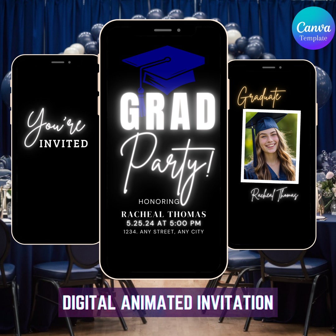Navy Blue Graduation Party Video Invitation Template (digital Download ...