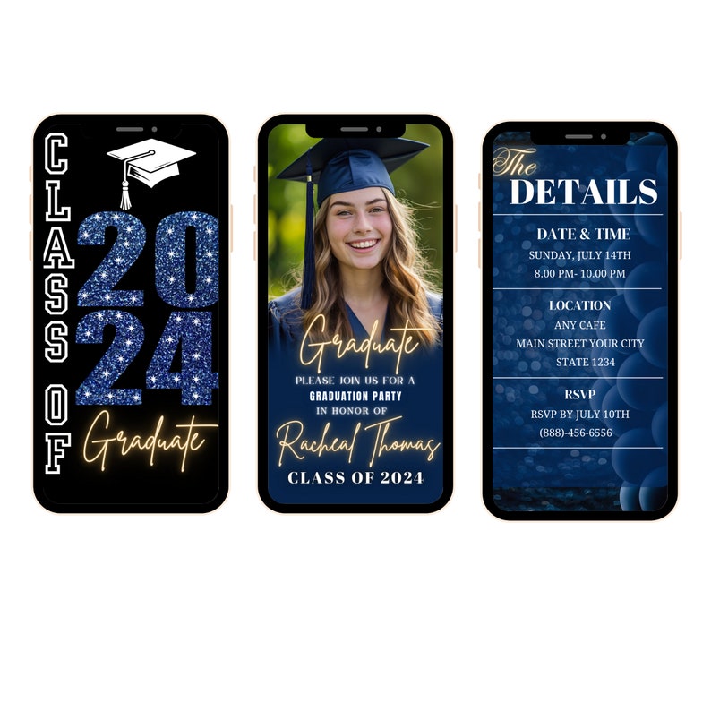 Navy Blue Graduation Invitation Party, Class of 2024, Grad Party ...