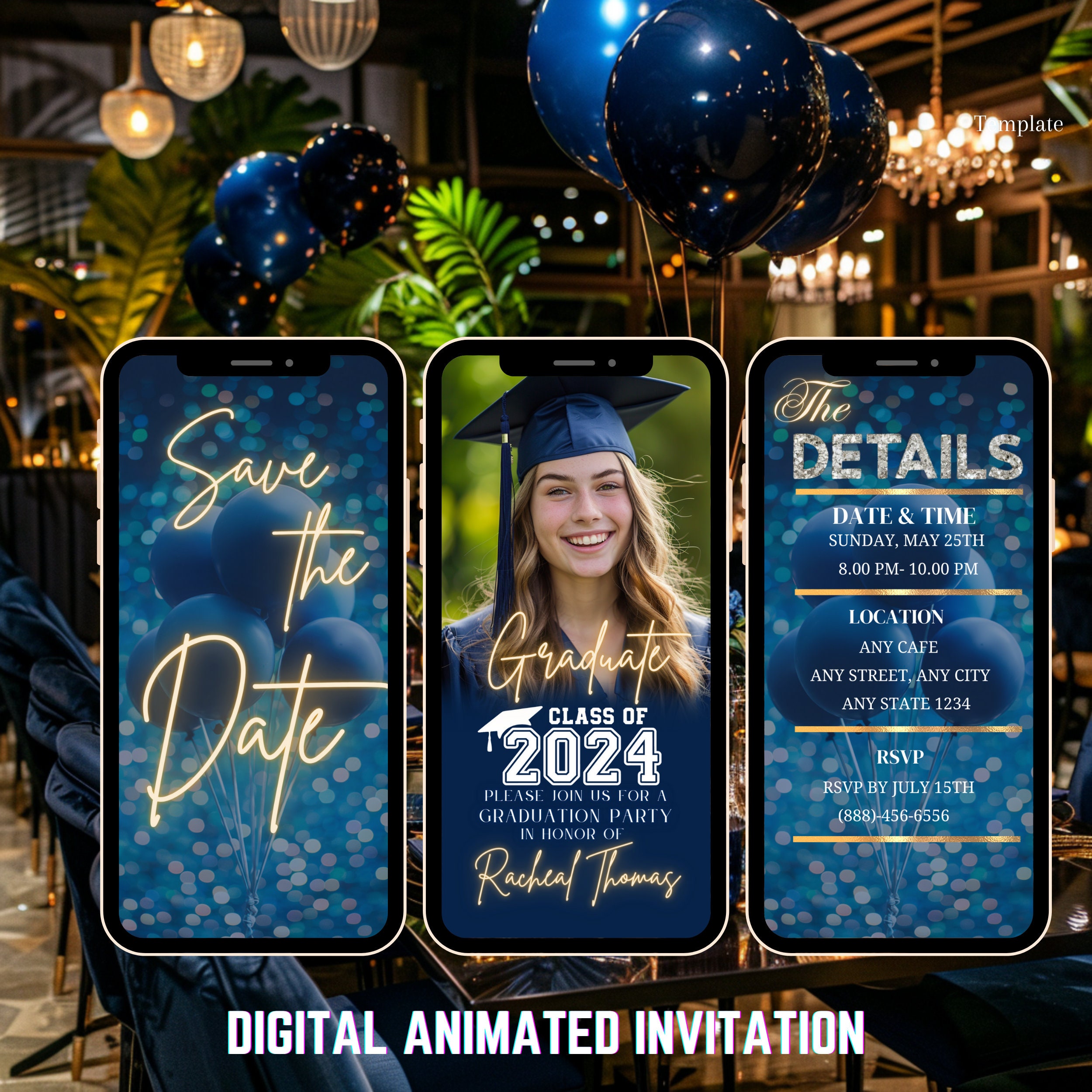 Navy Blue Graduation Invitation Party, Class of 2024, Grad Party ...