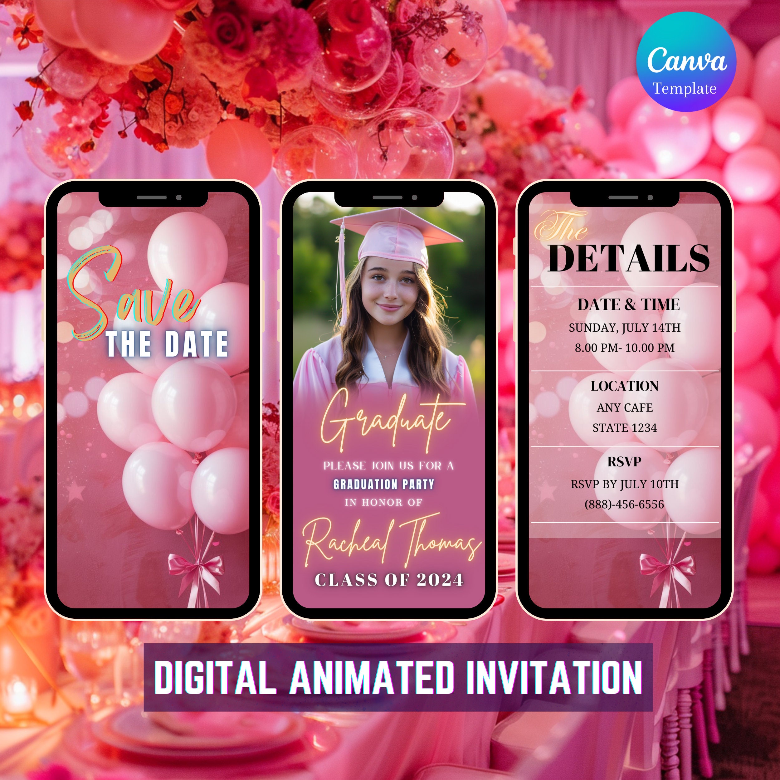 Pink Grad Party Digital Invite, Grad Party Invitation Video Canva ...