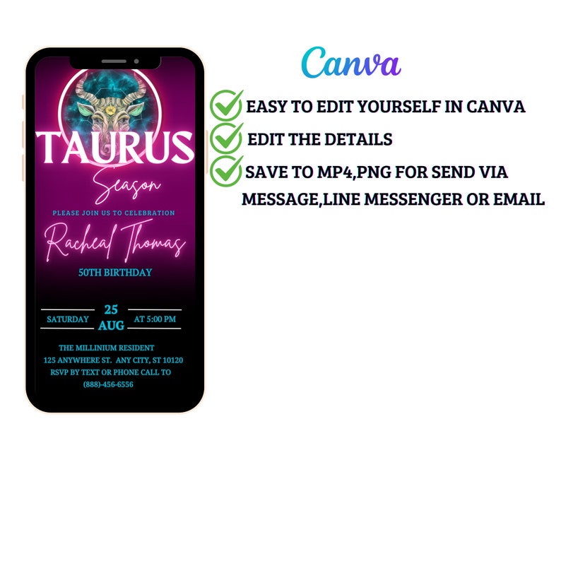Taurus Zodiac Birthday Digital Invitation, Editable Party Invite ...