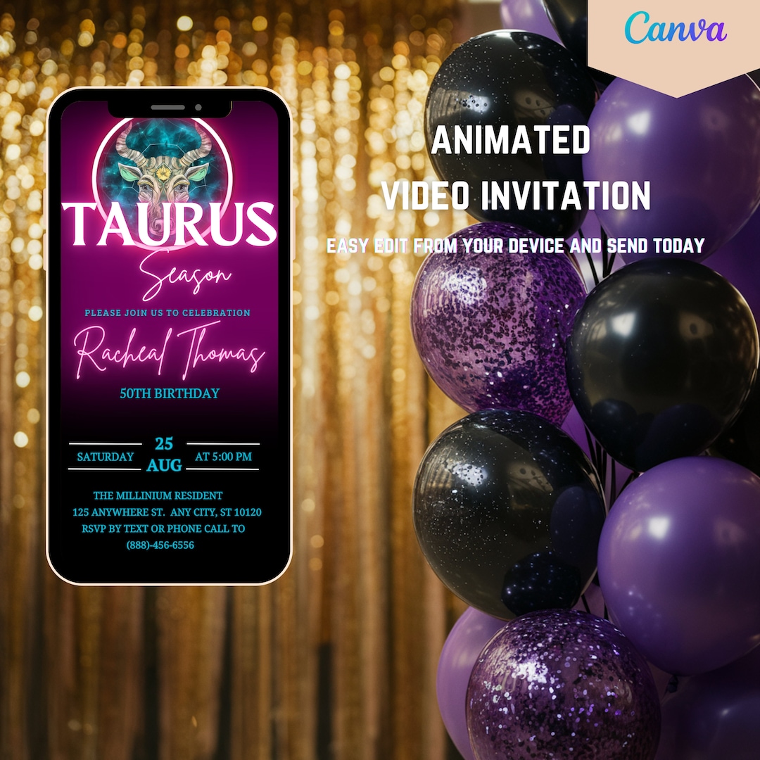 Taurus Zodiac Birthday Digital Invitation, Editable Party Invite ...