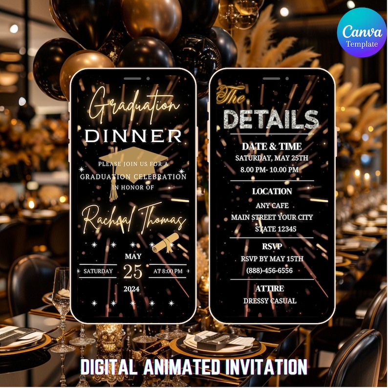Digital Graduation Dinner Invitation. Class of 2024 Party Invite. Black ...