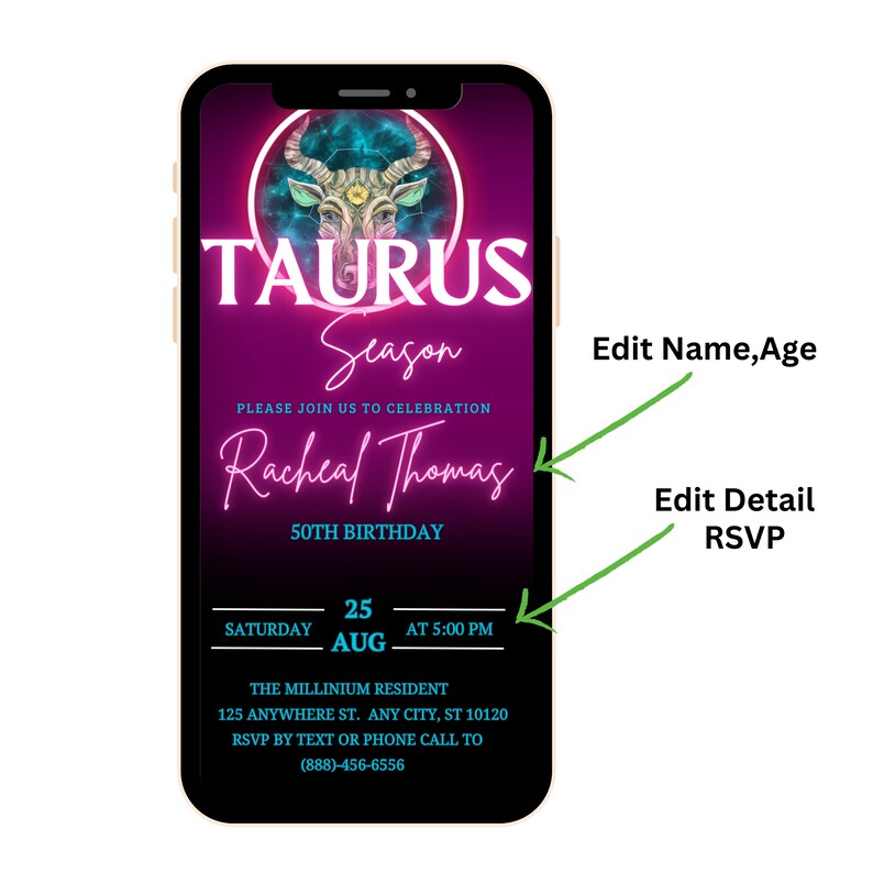 Taurus Zodiac Birthday Digital Invitation, Editable Party Invite ...