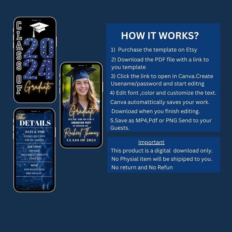 Navy Blue Graduation Invitation Party, Class of 2024, Grad Party ...