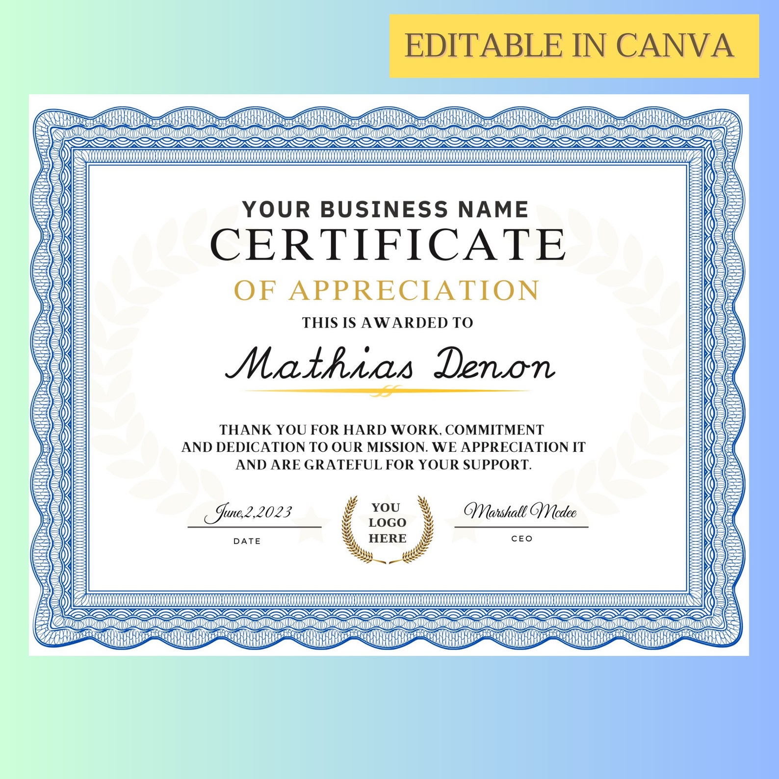 Editable Certificate of Appreciation, Canva Template, Appreciation ...