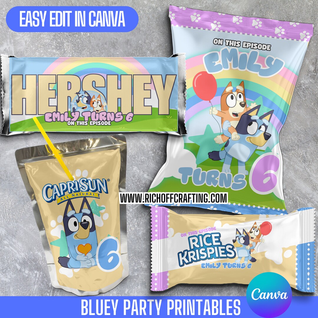 Bluey Party Favor Bundle Chip Bag PNG Kids Water Labels Hershey Bars ...