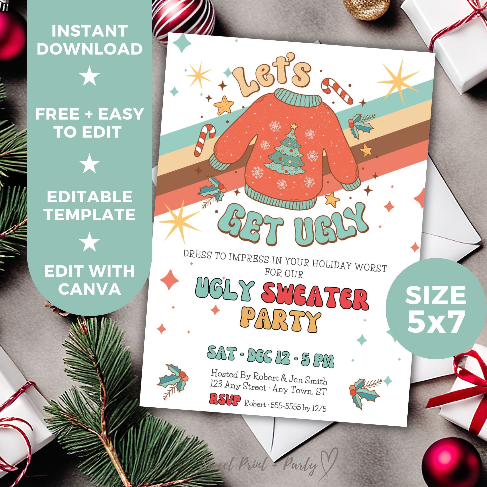 Editable Funny Christmas Party Invitation Template, Retro Ugly Sweater ...
