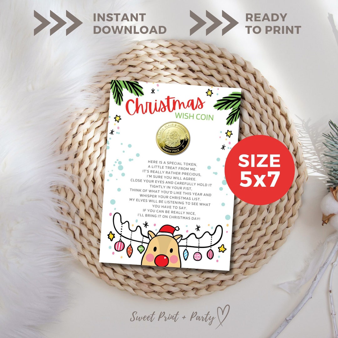 Retro Reindeer Santa Wish Coin Printable, Chocolate Coin Wish List, Kid ...