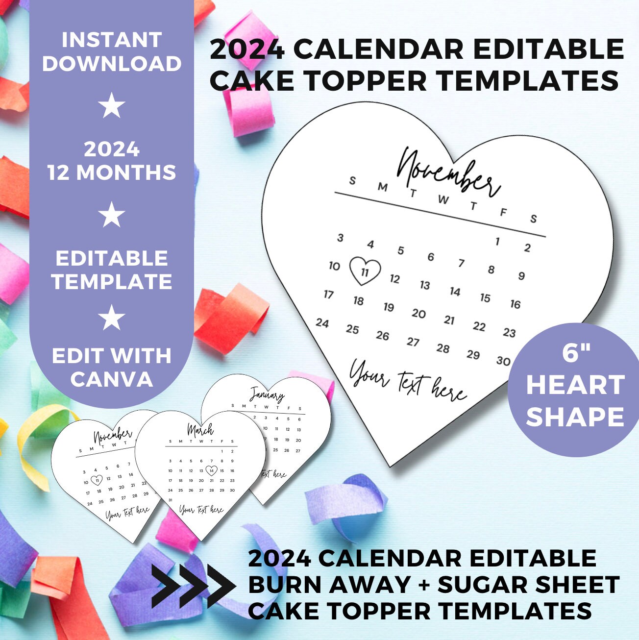 Burn Away Cake Topper Calendar Template, 6 Custom Heart Cake Topper ...