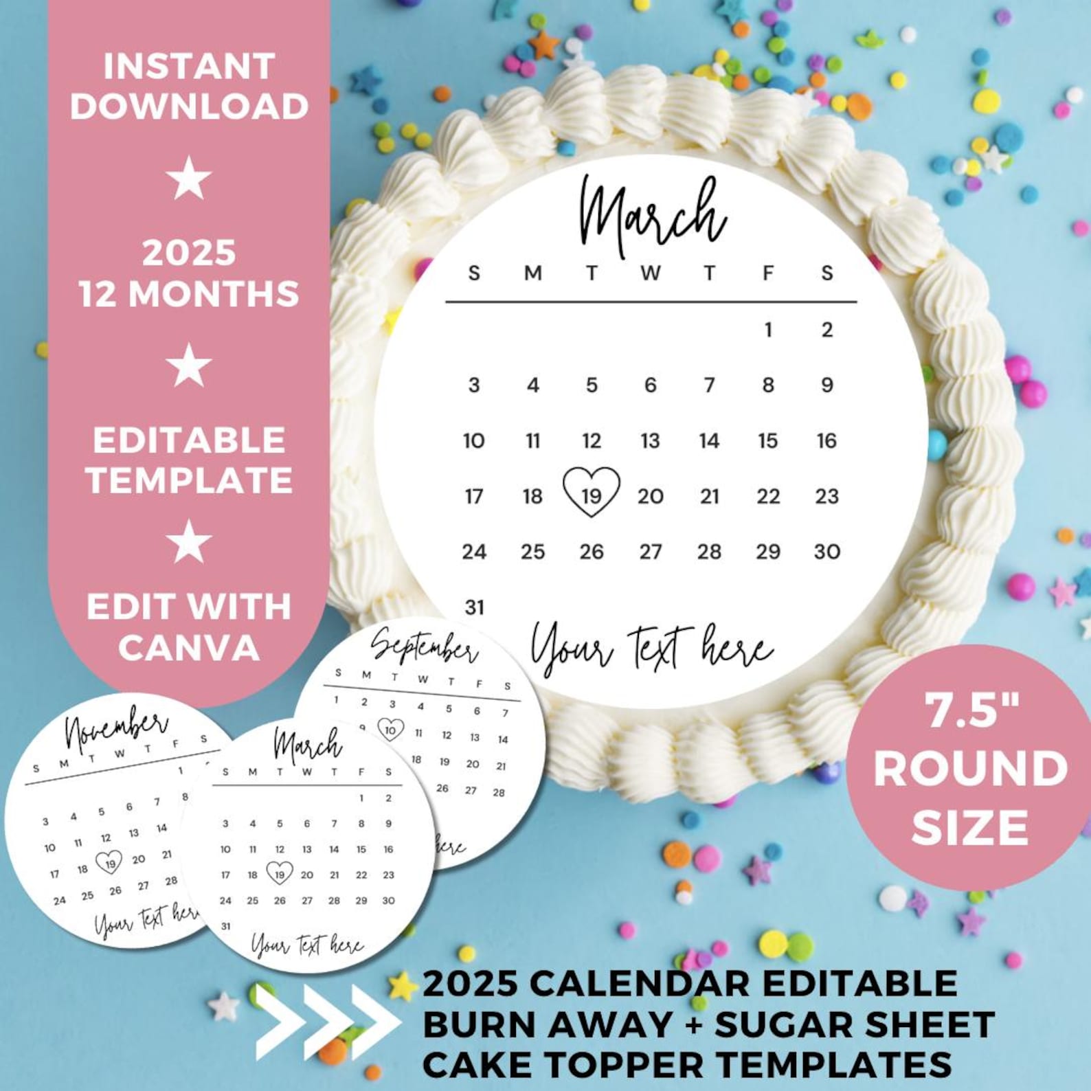2025 Burn Away Cake Topper Calendar Template, 7.5" Round Custom Cake ...