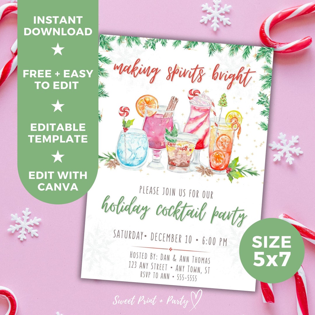 Editable Making Spirits Bright Christmas Fun Cocktails Party Invitation ...