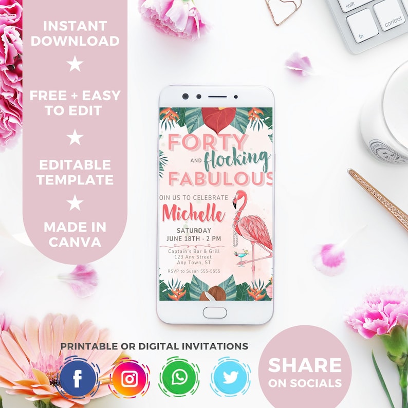 Editable Birthday Invitation Template, Flamingo Tropical Printable ...