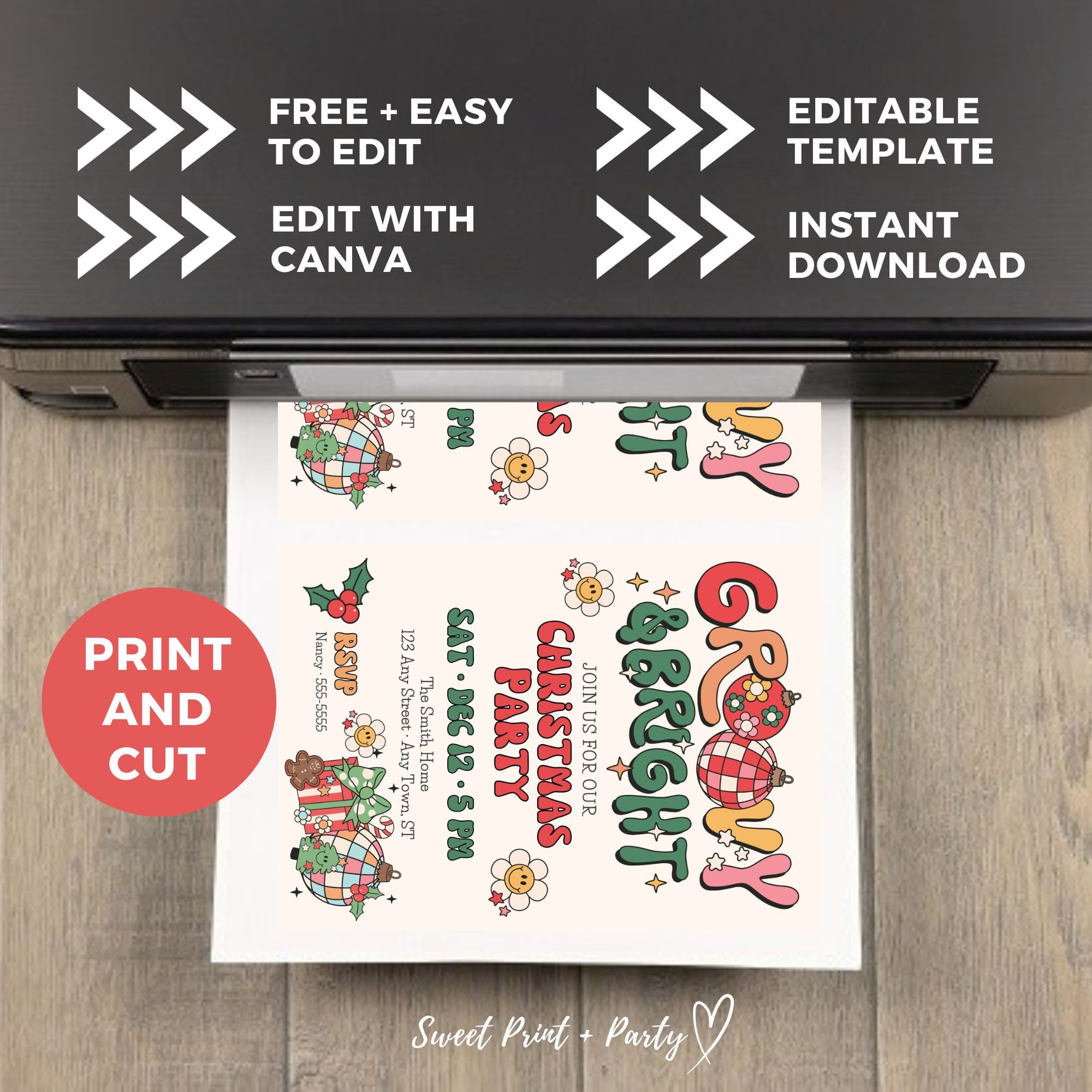Editable Groovy and Bright Christmas Party Invitation Template, Retro ...