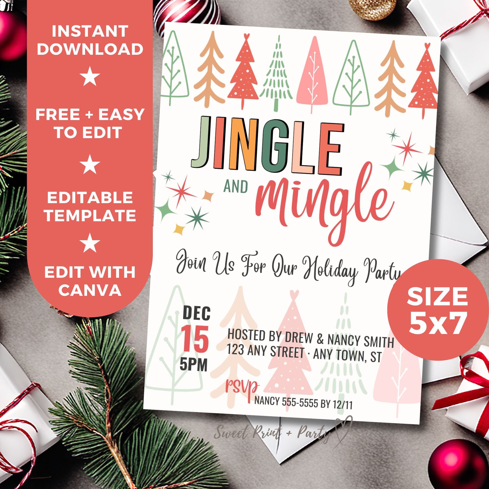 Editable Jingle and Mingle Christmas Party Invitation Template, Retro ...
