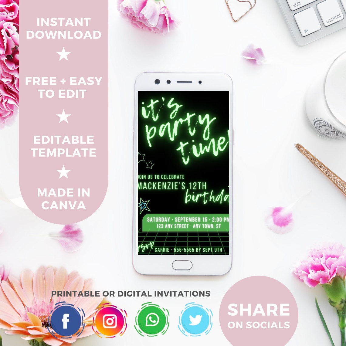 Birthday Editable Invitation Template Neon Party Time Green - Etsy