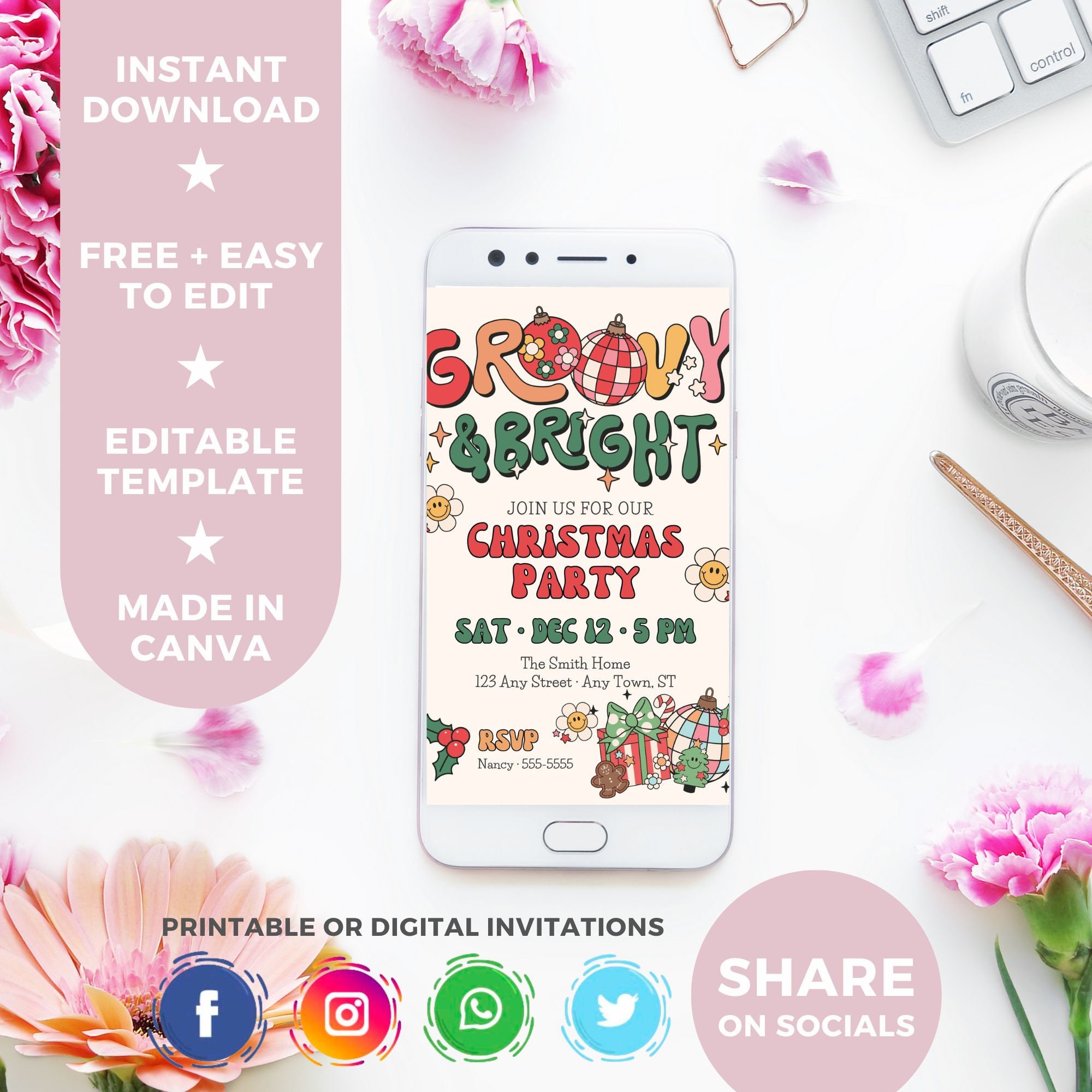 Editable Groovy and Bright Christmas Party Invitation Template, Retro ...