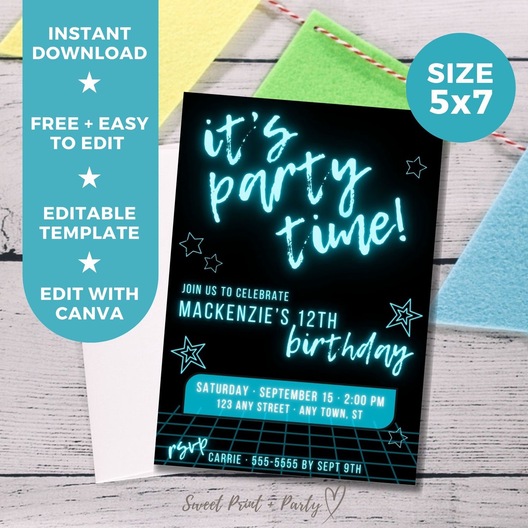 Birthday Editable Invitation Template, Neon Party Time Blue Printable ...