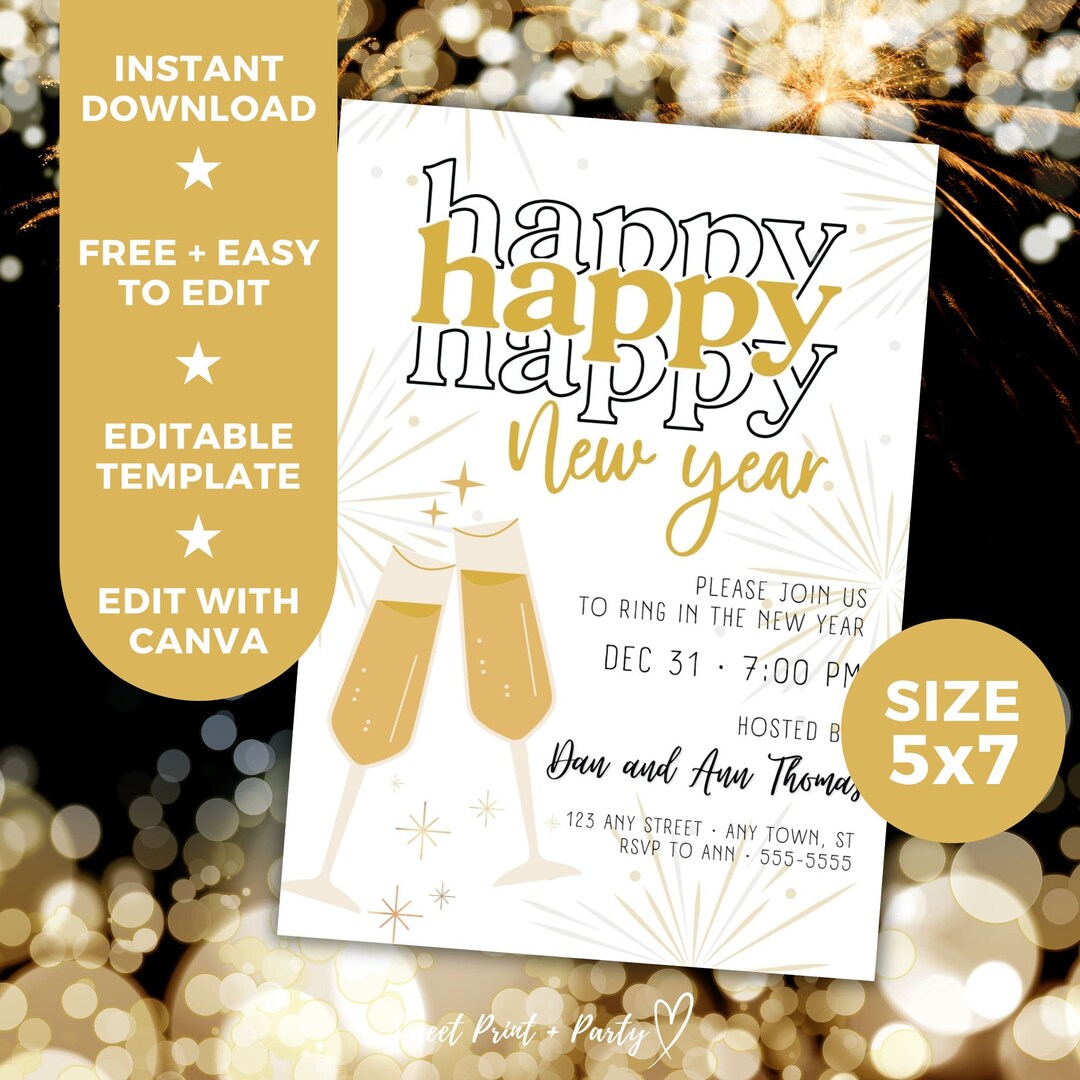 Editable Happy New Years Eve Party Invitation Template, Holiday ...