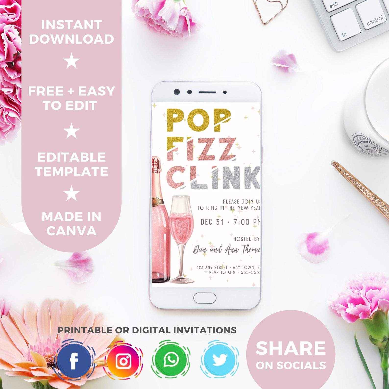 Editable Pop Fizz Clink Cheers New Years Eve Party Invitation Template ...