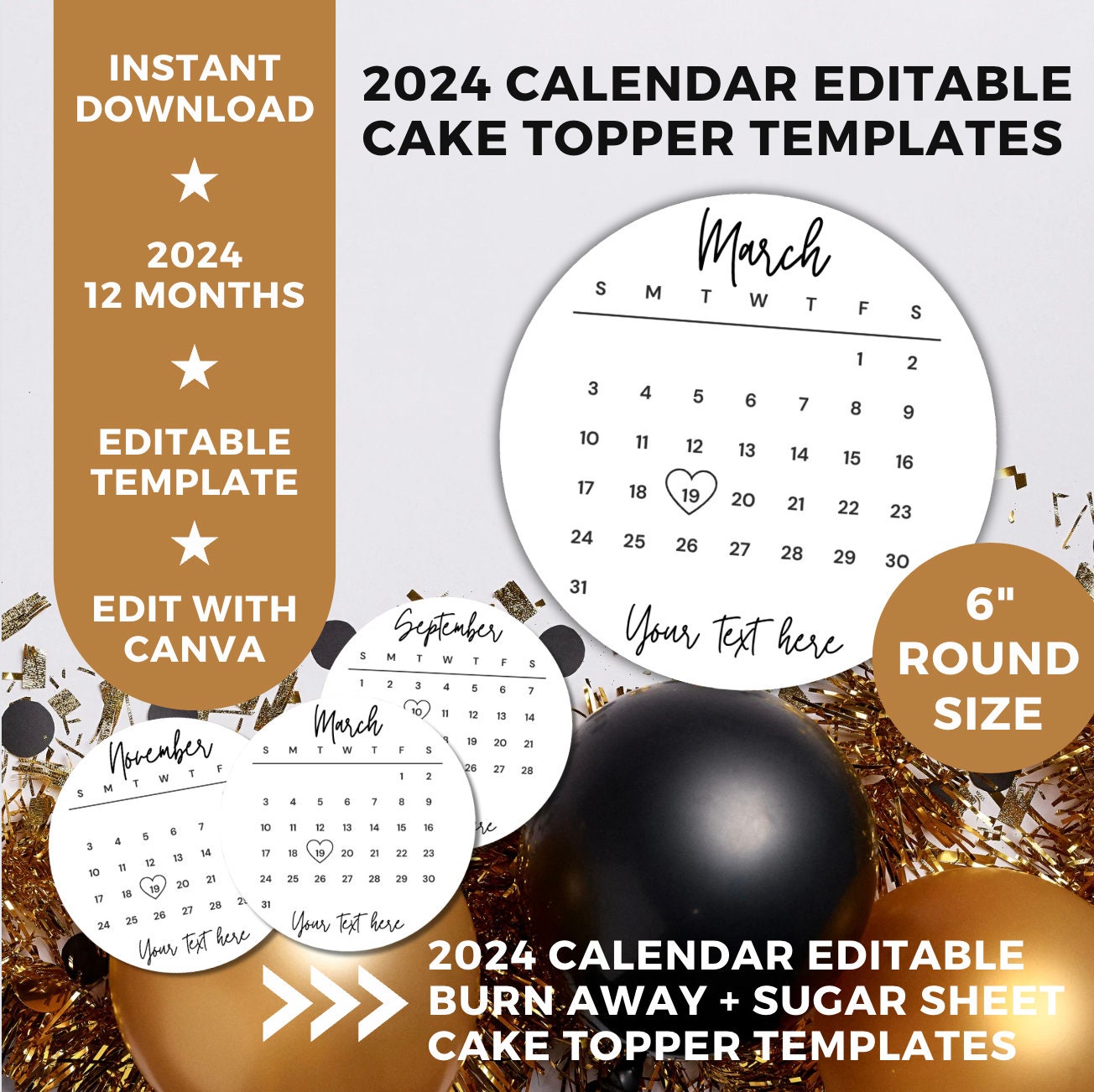 Burn Away Cake Topper Calendar Template, 6 Round Custom Cake Topper ...