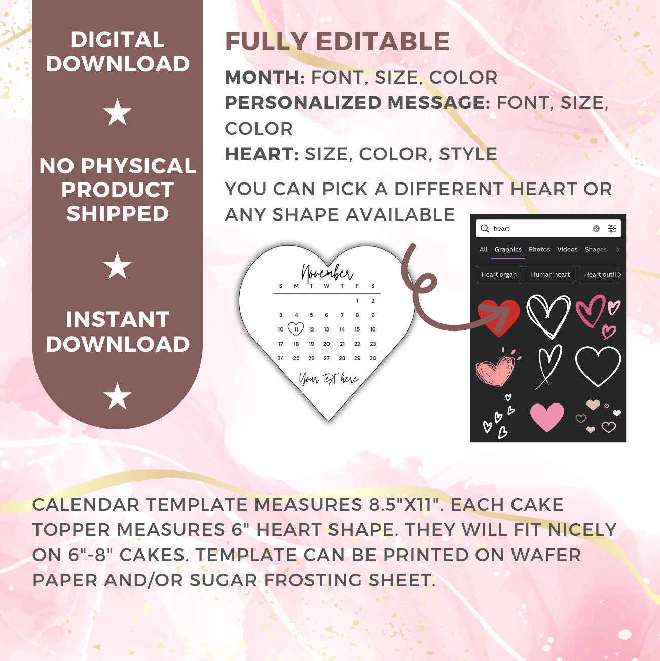 Burn Away Cake Topper Calendar Template, 6 Custom Heart Cake Topper ...