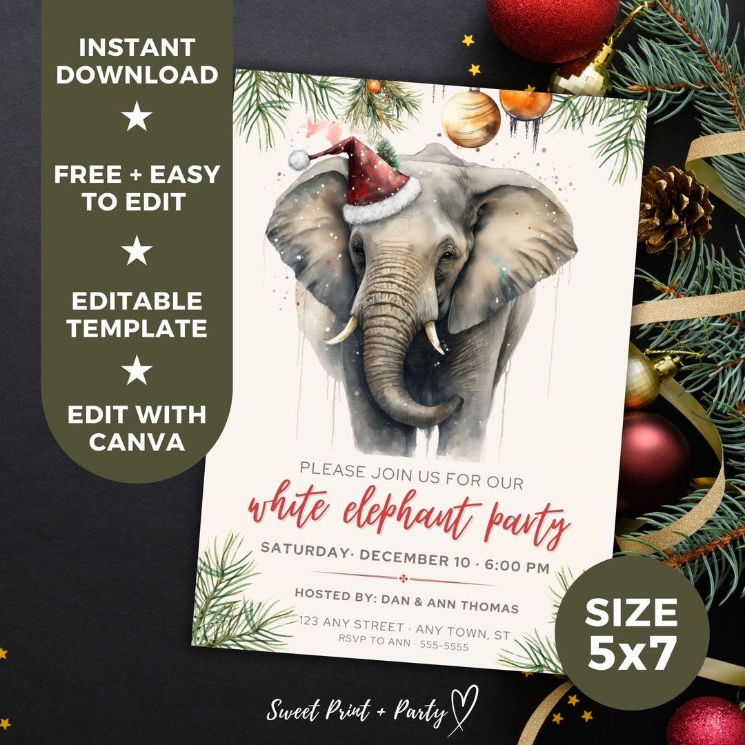 Editable White Elephant Ornaments Christmas Party Invitation Template ...