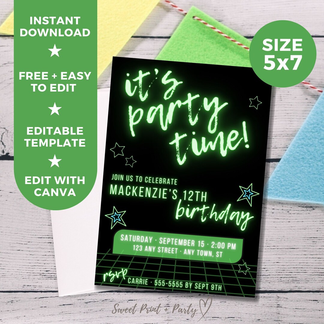 Birthday Editable Invitation Template, Neon Party Time Green Printable ...
