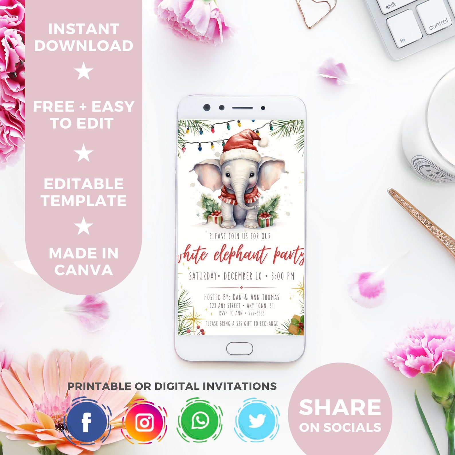 White Elephant Funny Christmas Party Editable Invitation Template ...