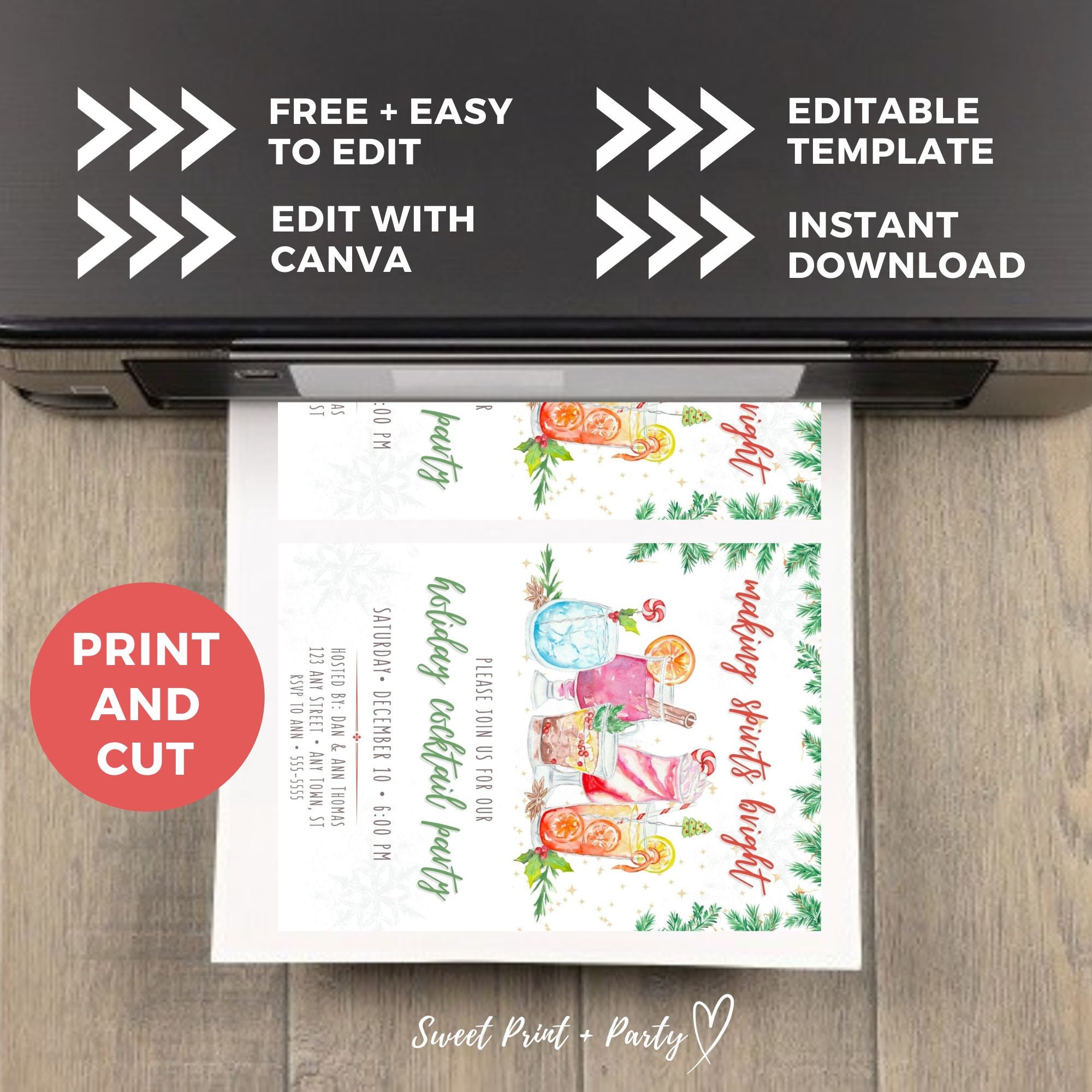 Editable Making Spirits Bright Christmas Fun Cocktails Party Invitation ...